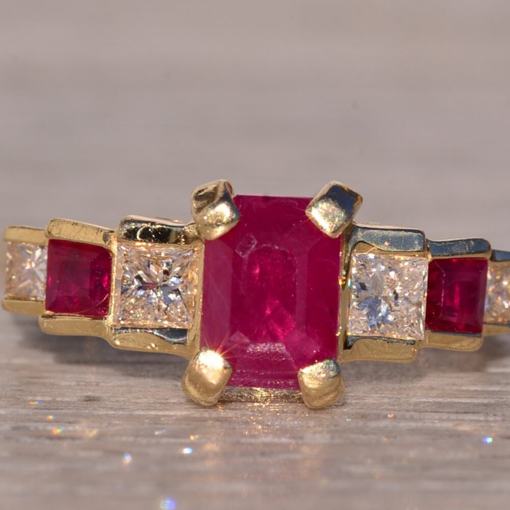 Emerald Cut Ruby And Natural Diamond Ring In Yellow G… - Gem